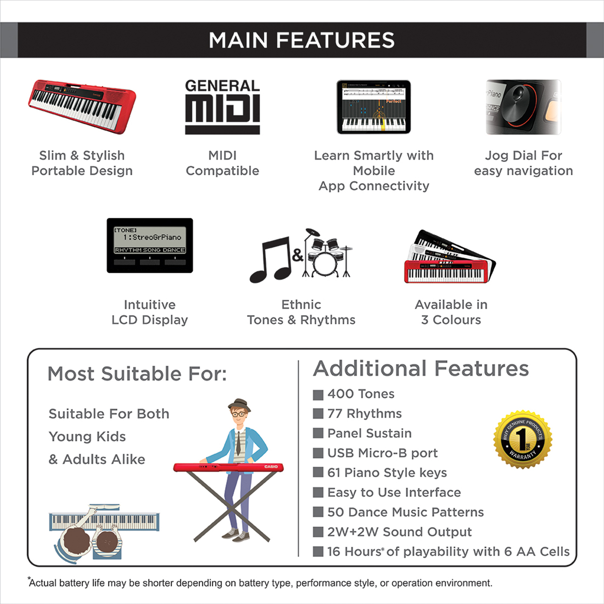 Casio CT-S200RD Portable Musical Keyboard Piano - Guitar Paradise