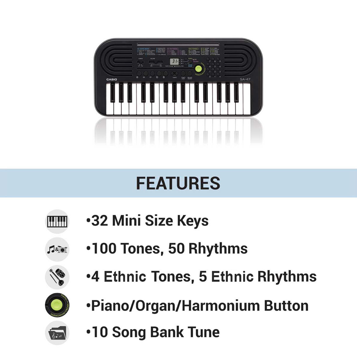 Casio SA-47 Portable Musical Keyboard Piano - Black & Grey with Adapter ...